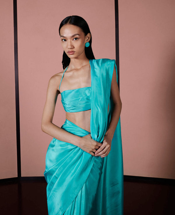 Ekaya | Turquoise Blue Silk Sari And Unstitched Blouse | INDIASPOPUP.COM