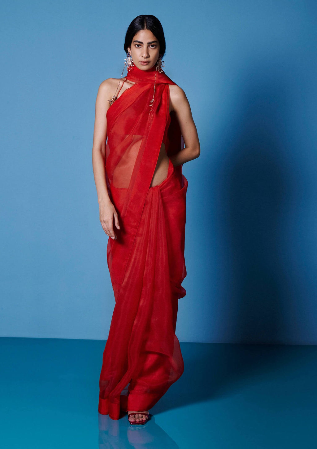 Ekaya | Ruby Red Organza Sari And Unstitched Blouse | INDIASPOPUP.COM