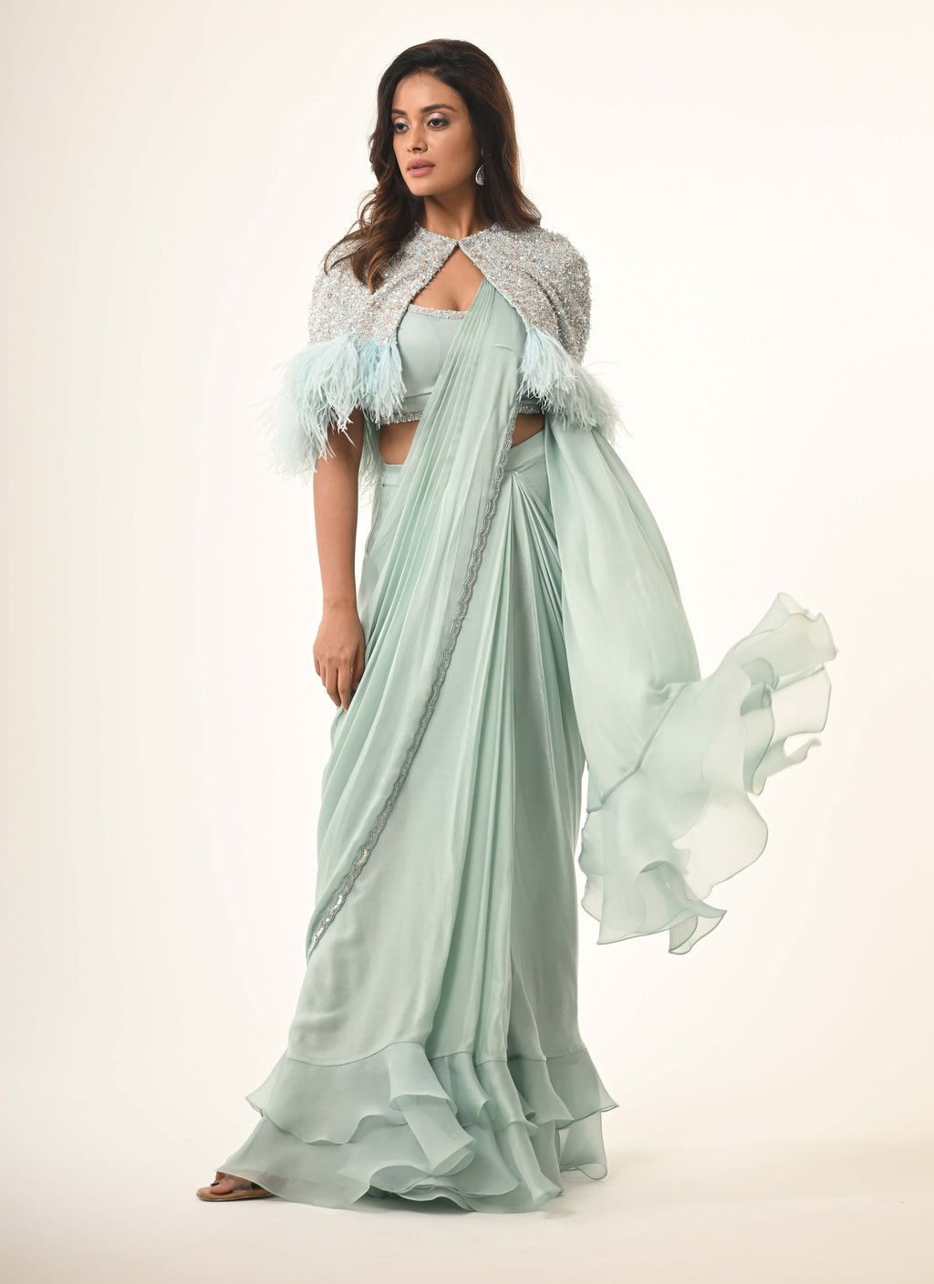 Powder blue ruffle sari and cape set