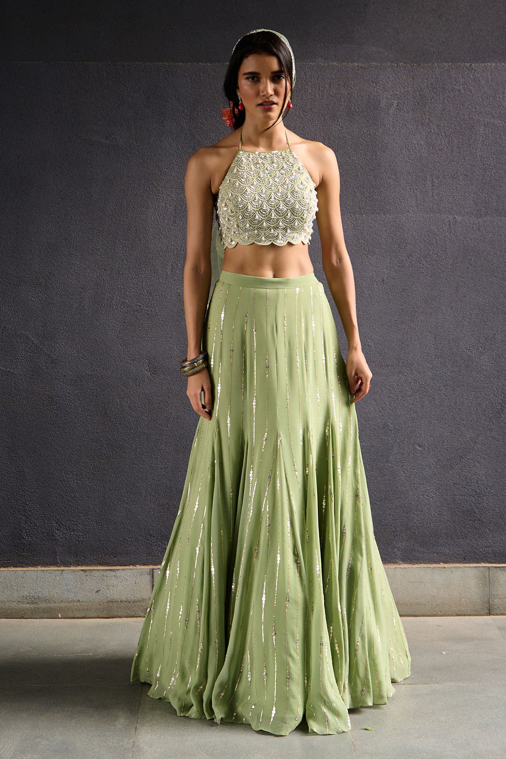 Chamee And Palak Jasmine Olive Green Gusset Skirt Set | Indiaspopup.com