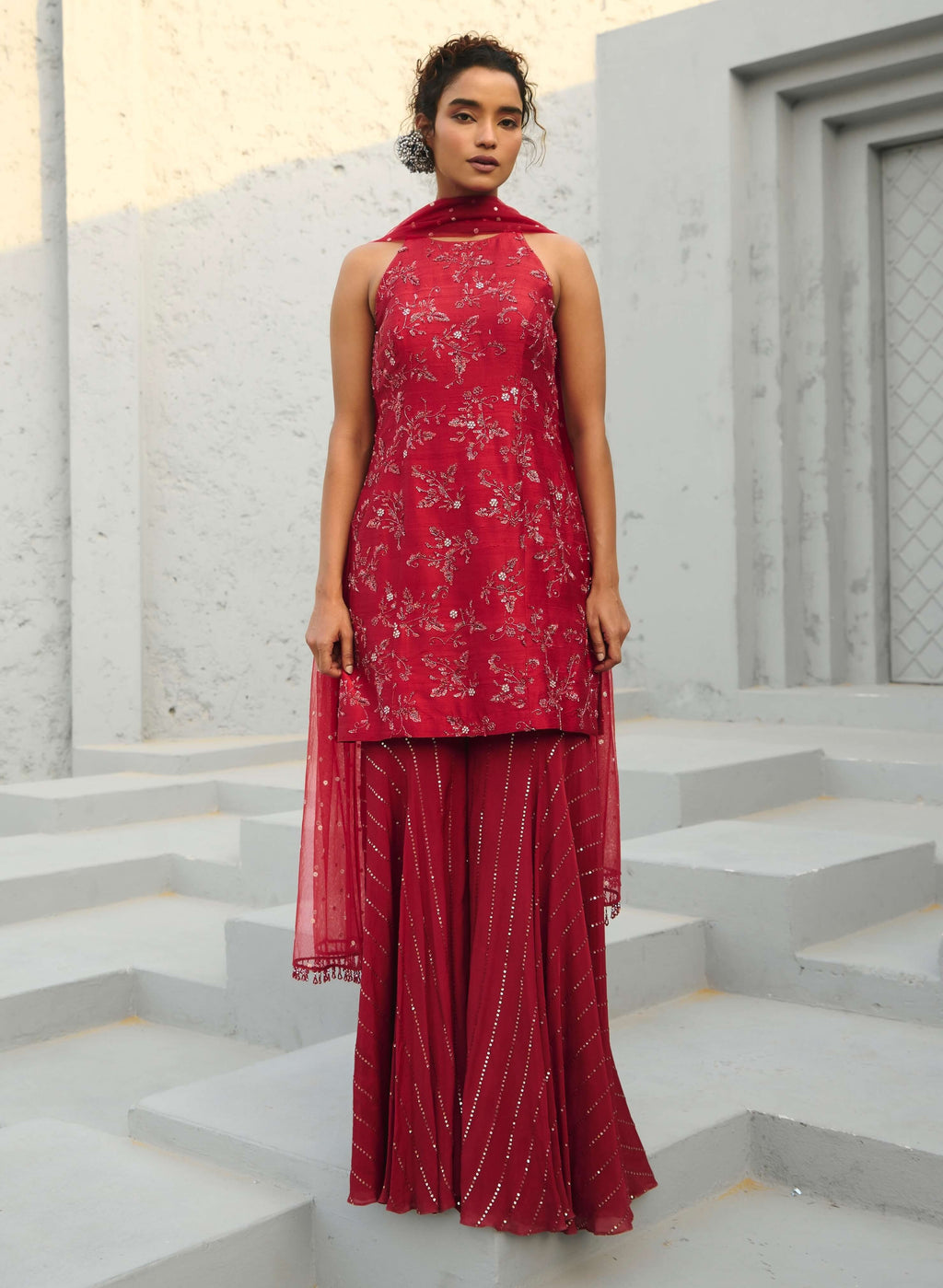 Chamee And Palak Serena Deep Red Sharara Set | Indiaspopup