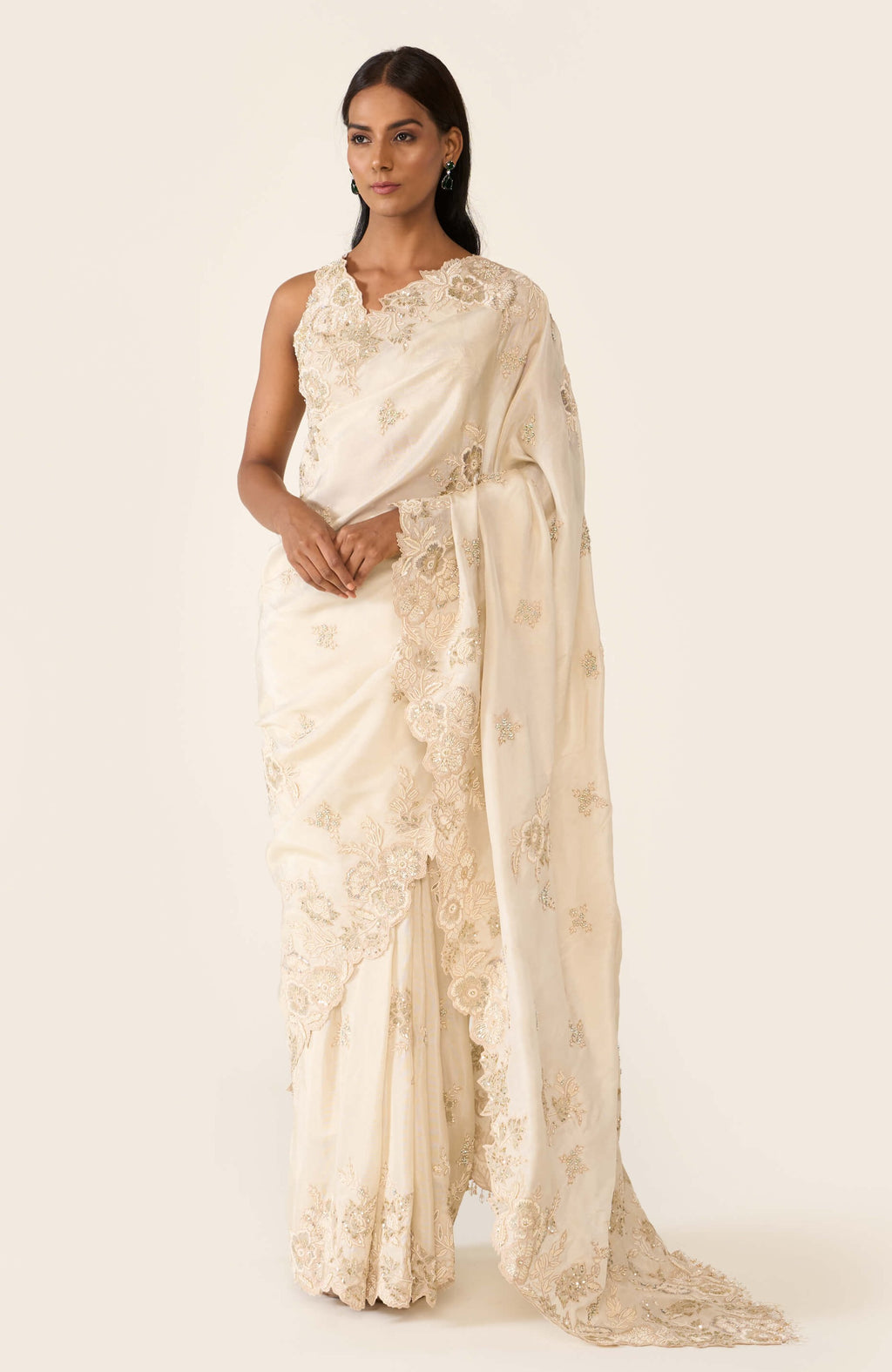 Varun Bahl Ivory Embroidered Classic Sari Set | Indiaspopup.com