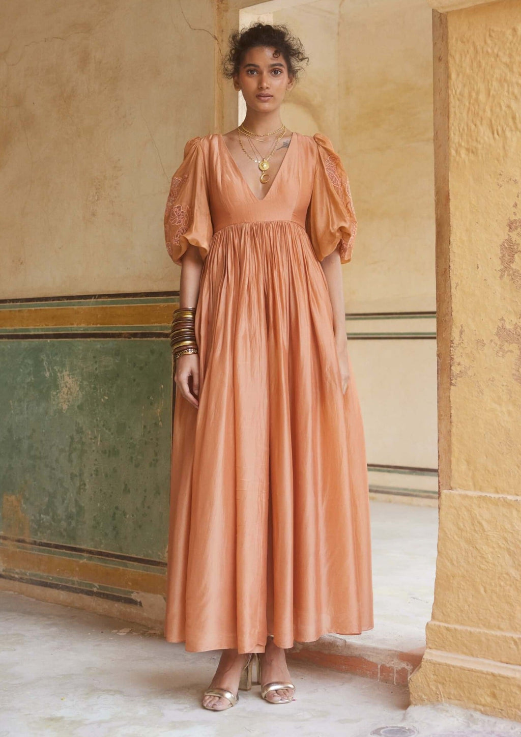 Paulmi & Harsh Peachy Orange Maxi Dress | Indiaspopup.com