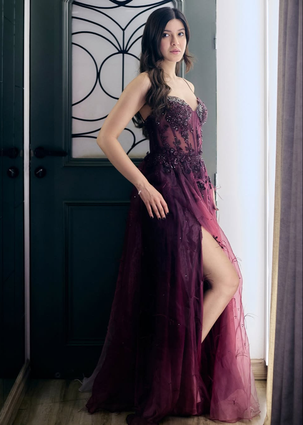 Dolly J Amber Maroon Glow Shaded Gown | Indiaspopup.com