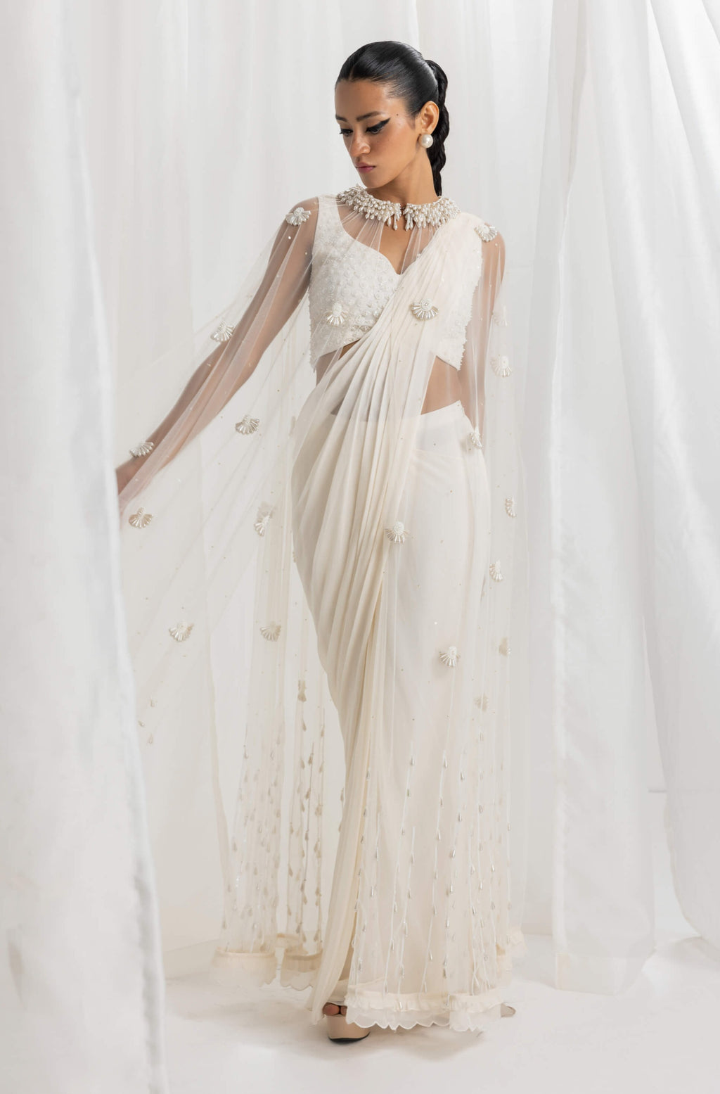 Seema Thukral | Ivory Pre-Draped Embellished Sari And Cape Set ...