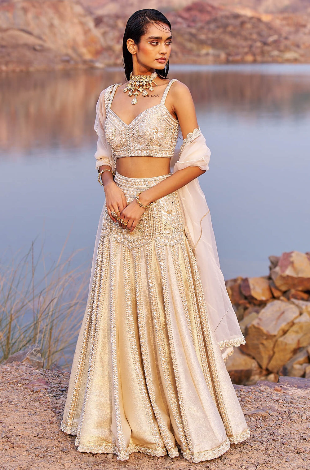 Nidhika Shekhar | Gold Mermaid Embellished Lehenga Set | INDIASPOPUP.COM