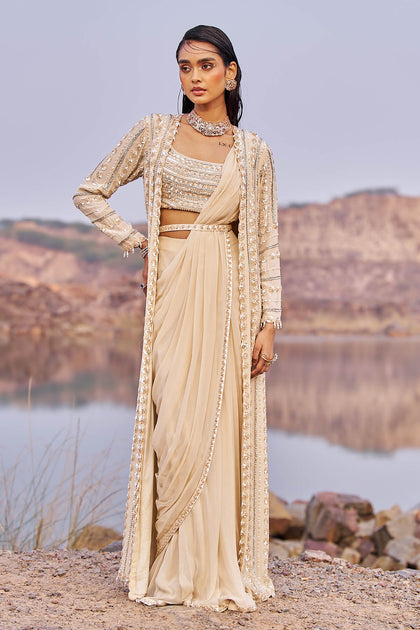 Gold tone drape sari and cape set