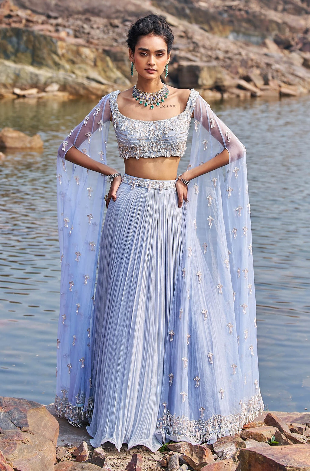 Nidhika Shekhar | Aqua Crinkle Georgette Lehenga And Blouse ...