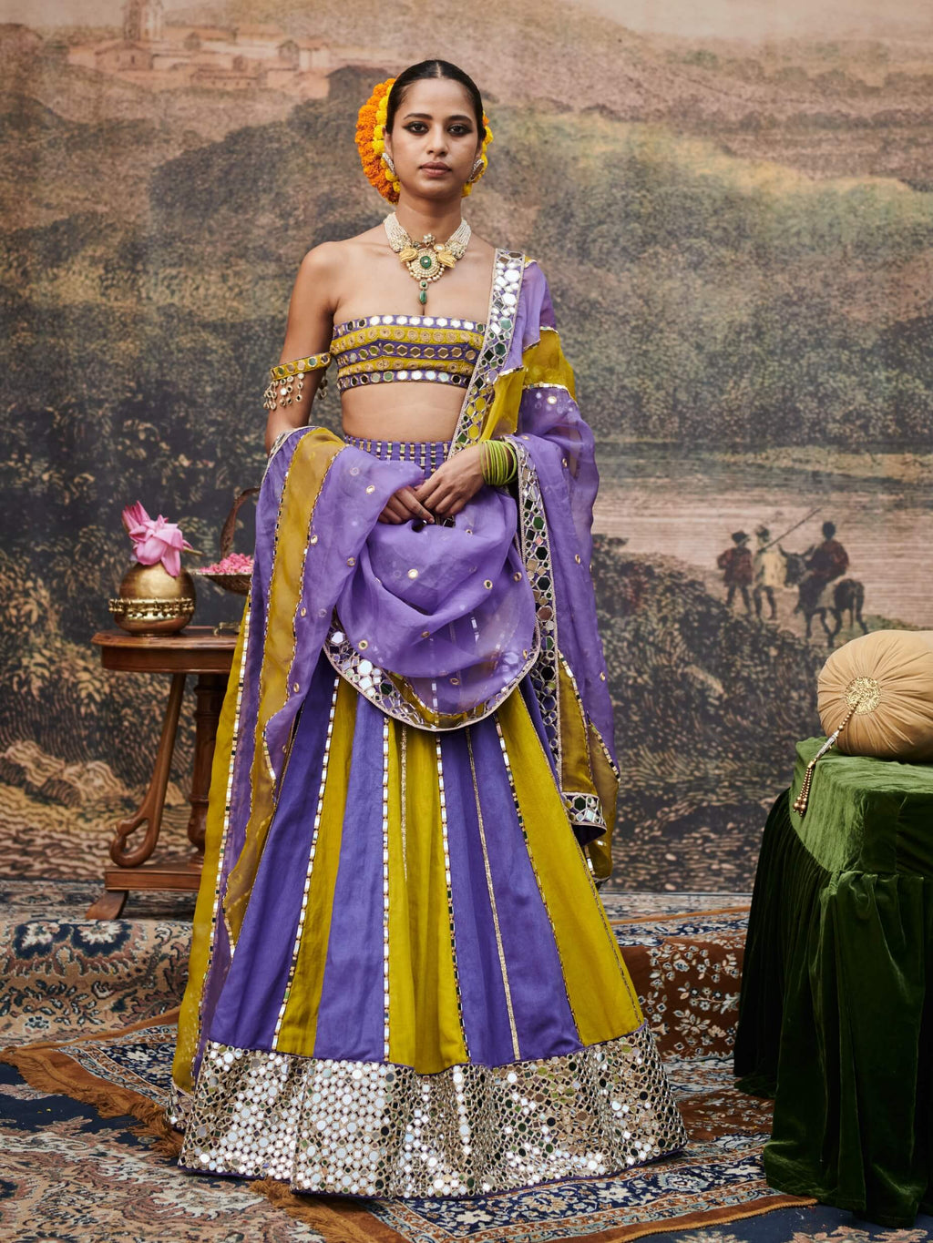 Itrh Hari Varn Yellow Purple Lehenga Set | Indiaspopup.com