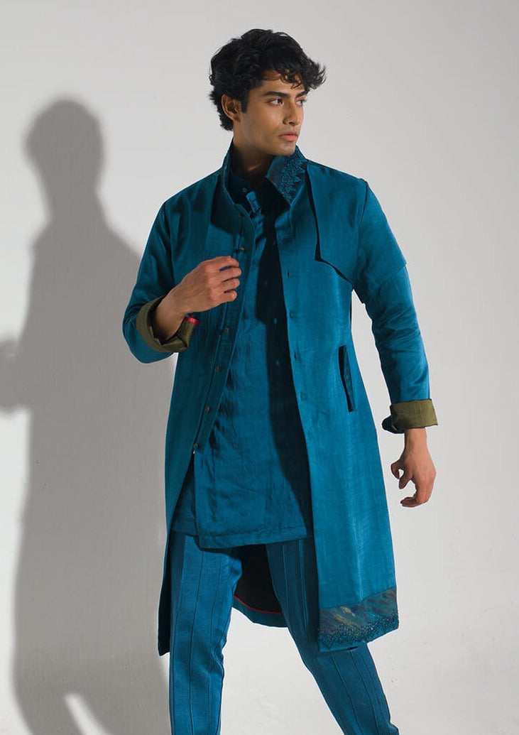 Jatin Malik | Teal Blue Overcoat Shacket | INDIASPOPUP.COM