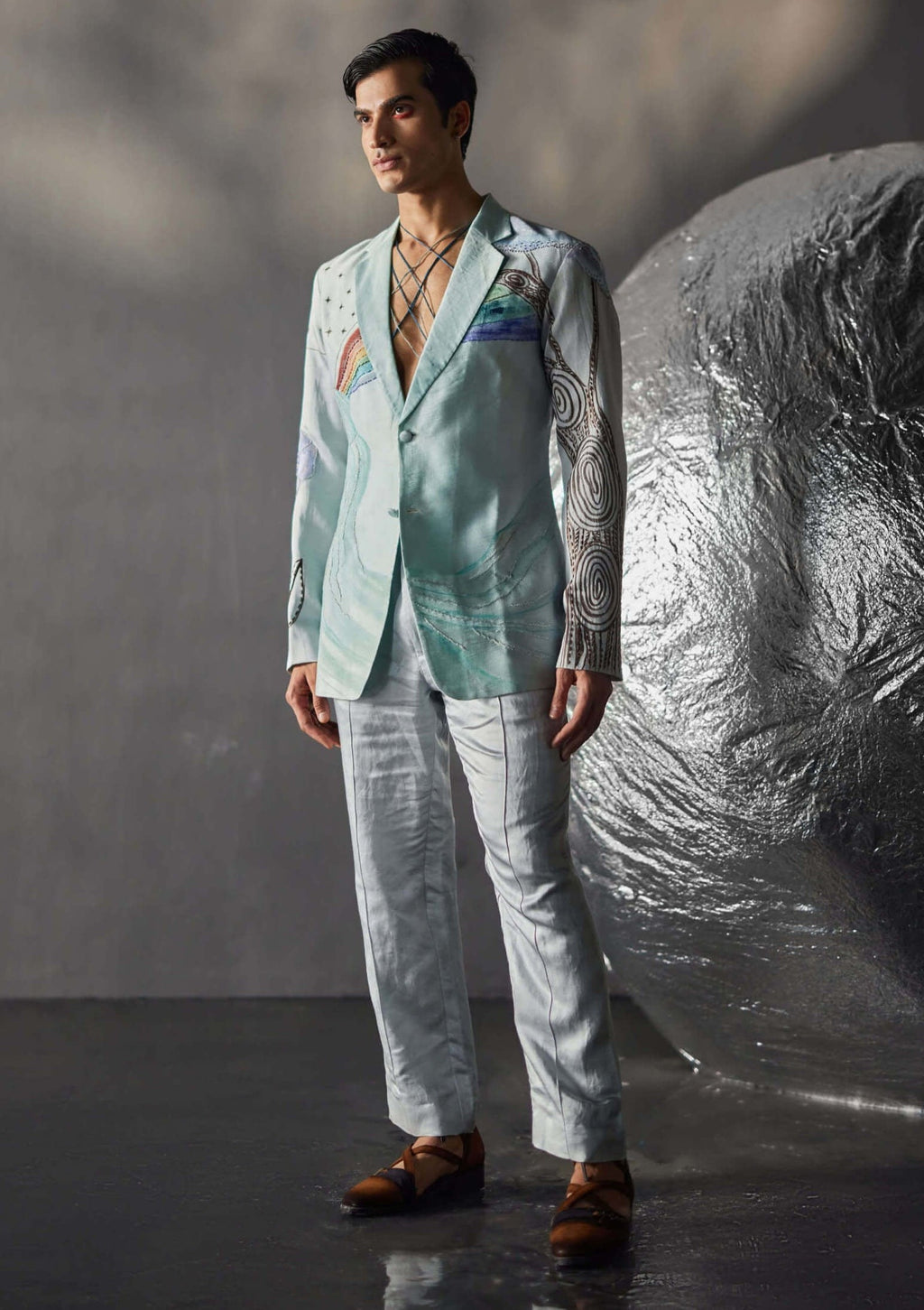 Jatin Malik | Silver And Sky Blue Overshirt And Trouser | INDIASPOPUP.COM