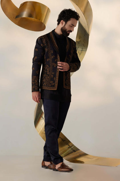 Jatin Malik | Black & Gold Short Jacket And Kurta Set | INDIASPOPUP.COM