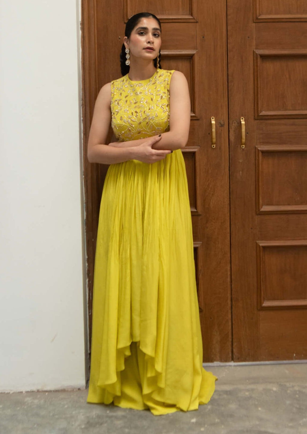Ease | Citric Yellow High Low Anarkali And Palazzo | INDIASPOPUP.COM