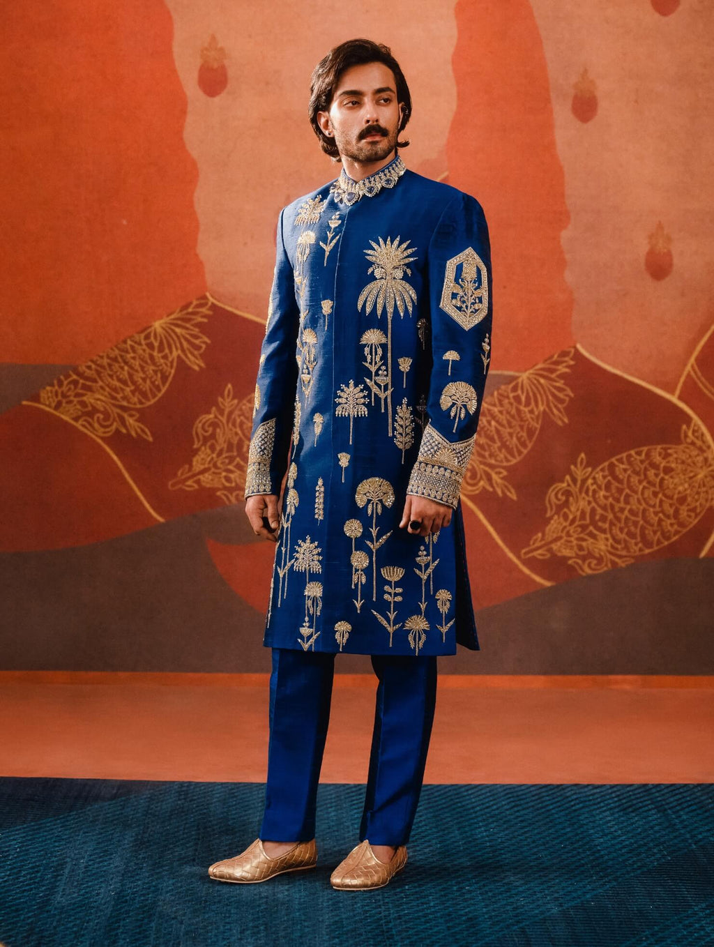House Of Masaba Men Navy Blue Neel Bahar Sherwani Set | Indiaspopup.com