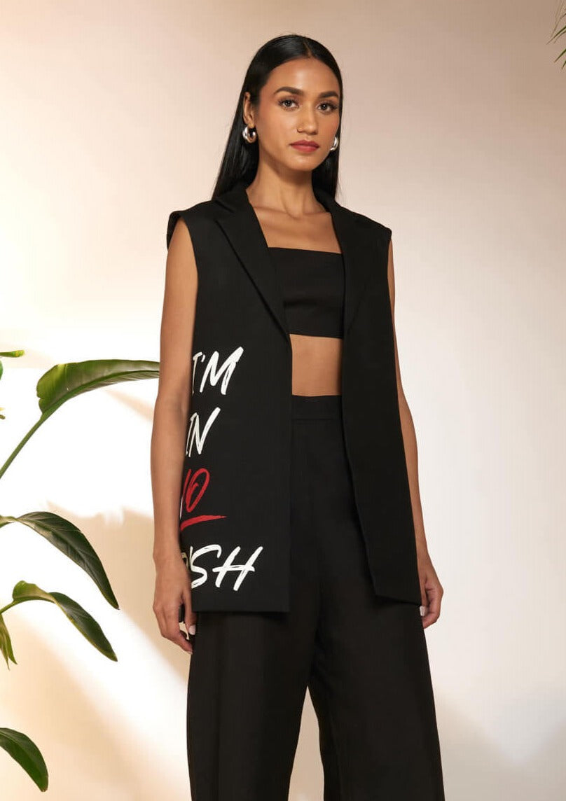 House Of Masaba Black Slogan Sleeveless Blazer | Indiaspopup.com