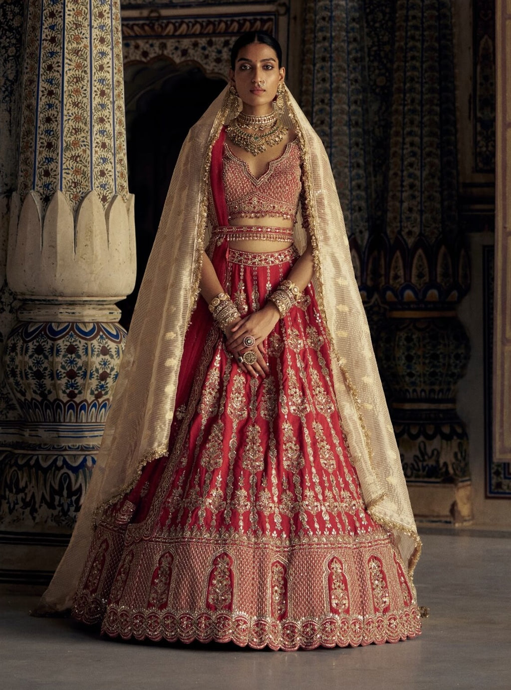 Nitika Gujral Blood Red Silk Lehenga Choli Set | Indiaspopup.com