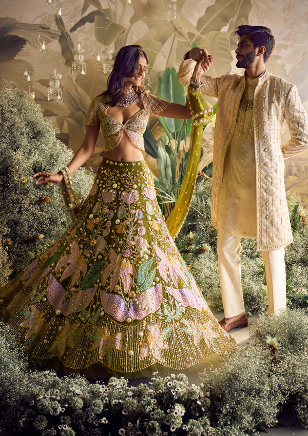 Papa Don'T Preach By Shubhika | Melisa Olive Lehenga Set | INDIASPOPUP.COM