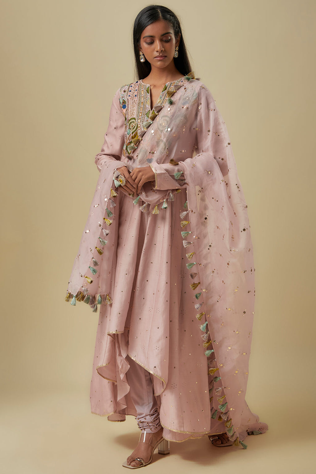 Onion pink embroidered high low anarkali set