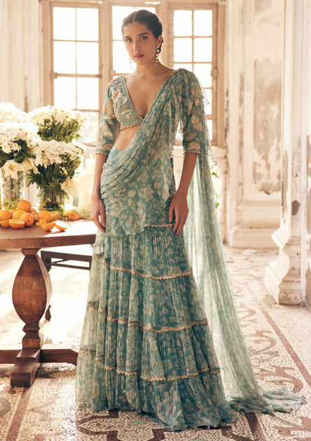 Ice blue vintage floral chiffon sari and blouse