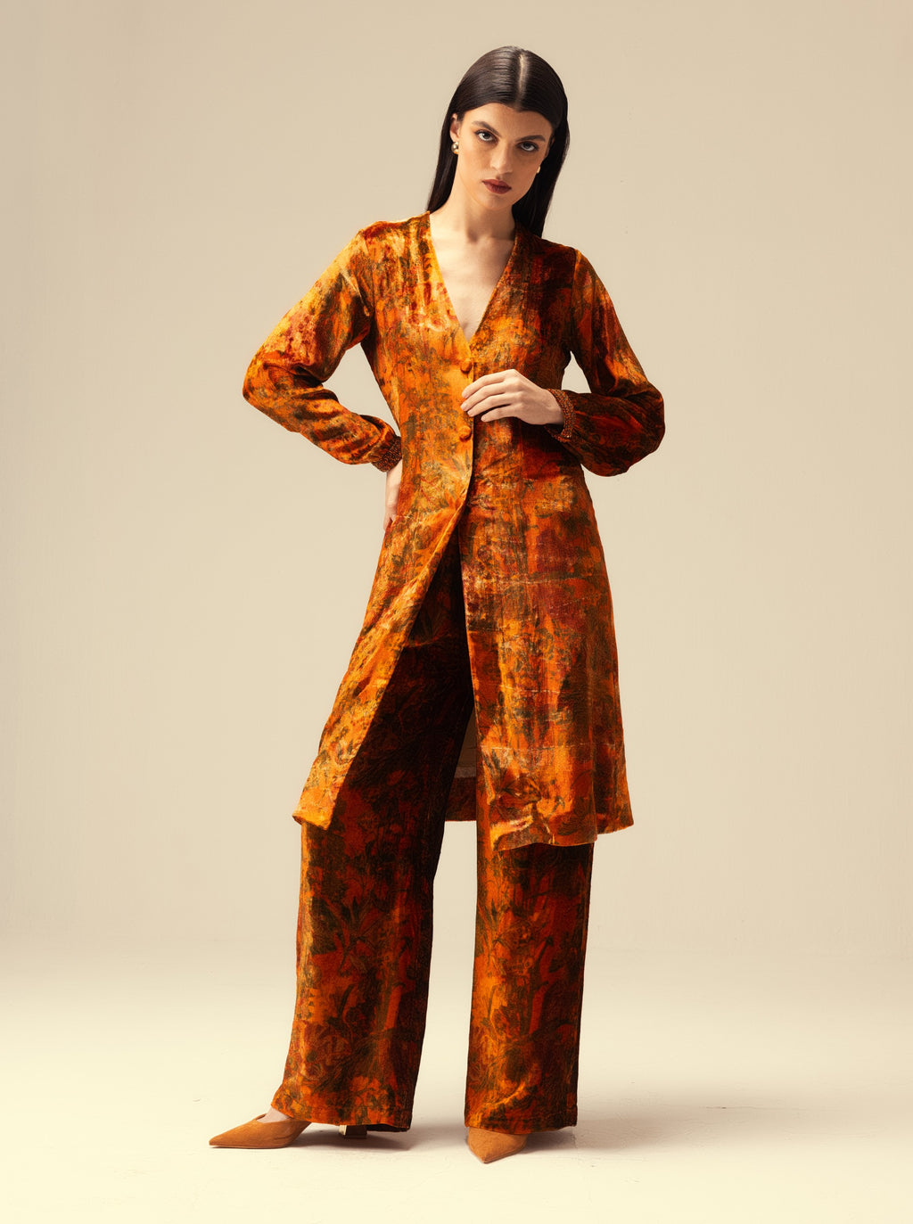 Nargis front rust open tunic and pants