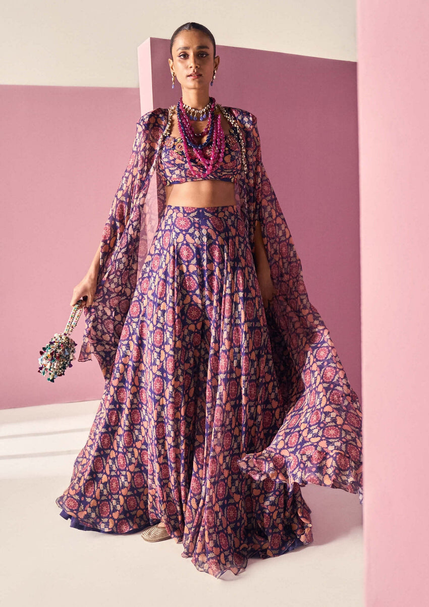 Ridhi Mehra | Ewaz Navy Sharara Cape Set | INDIASPOPUP.COM