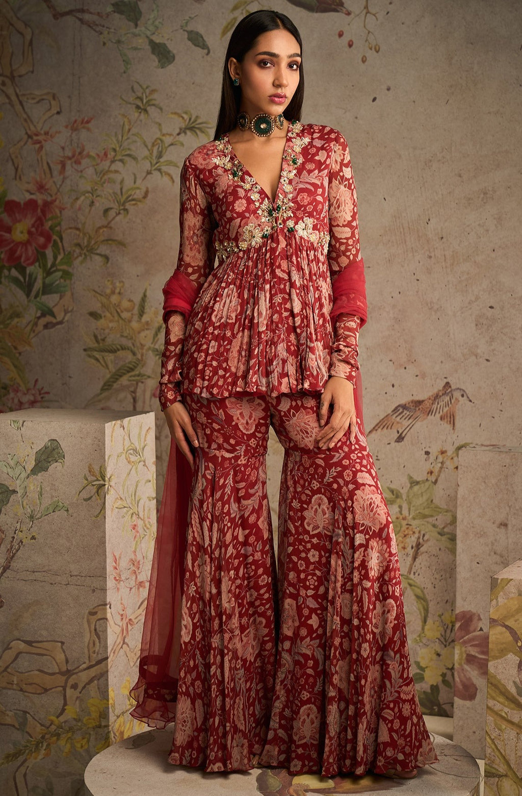 Ridhi Mehra | Awespiring Red Ochre Print Garara Set | INDIASPOPUP.COM