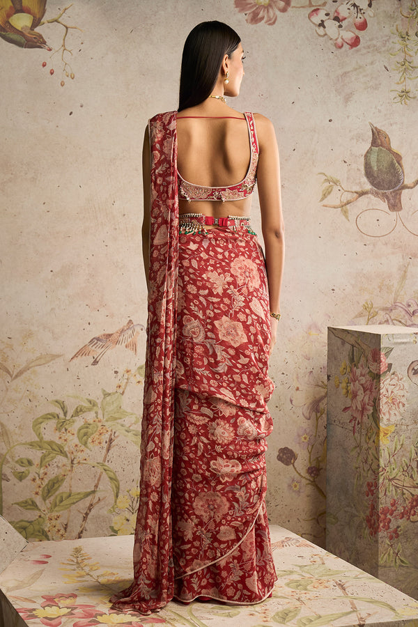 Ridhi Mehra | Glamour Red Printed Sari Set | INDIASPOPUP.COM