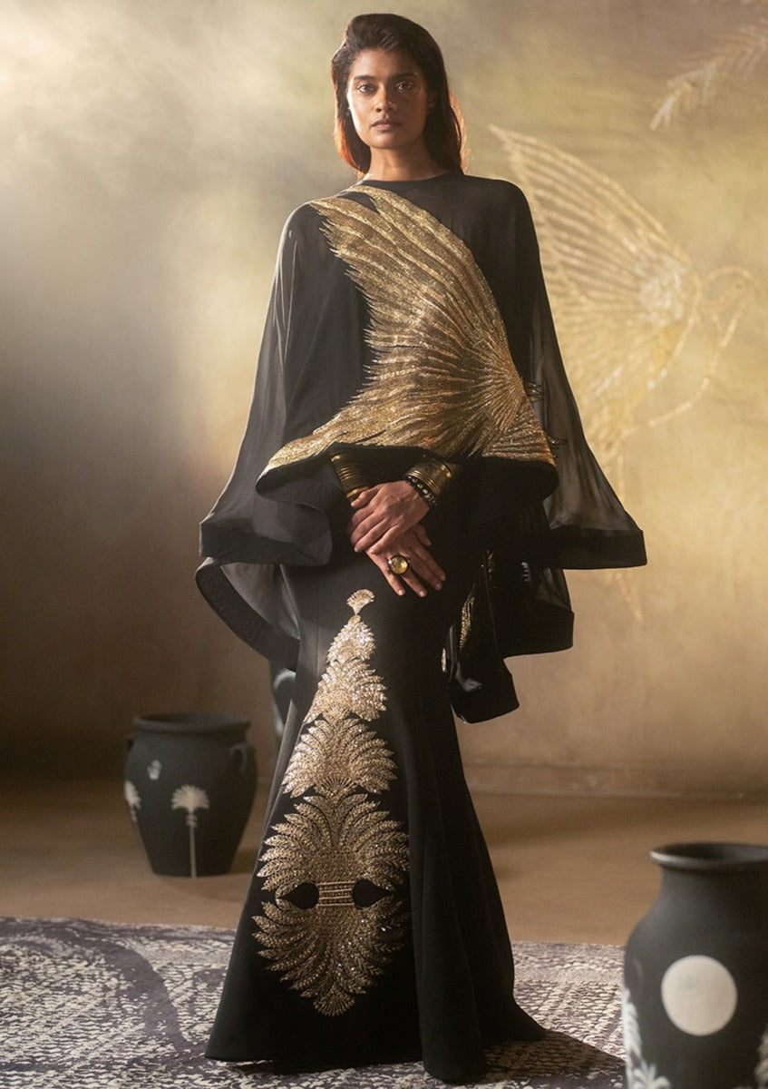 House Of Masaba | Black Son-Chidiya Cape And Gown | INDIASPOPUP.COM