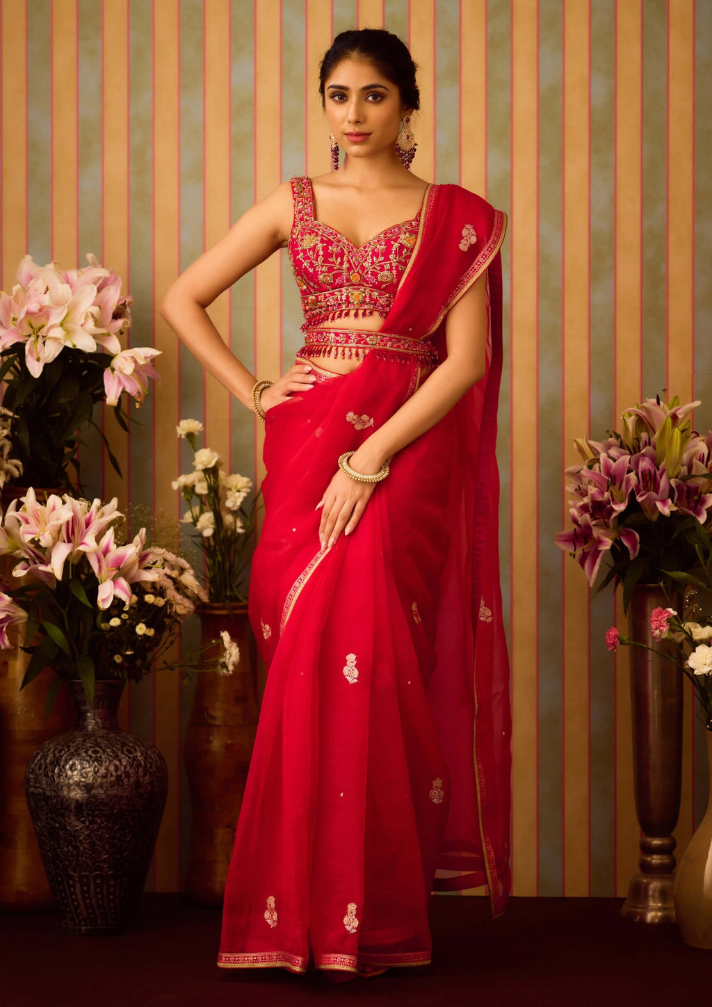 Shyam Narayan Prasad Scarlet Red Maroon Sari Set | Indiaspopup.com