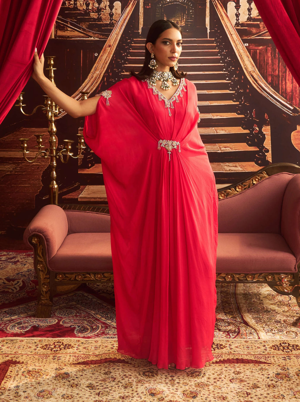 Soni rani pink embellished draped kaftan – INDIASPOPUP.COM