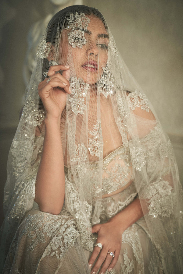 Shehla Khan | Silver Chantilly Lace Lehenga Set | INDIASPOPUP.COM