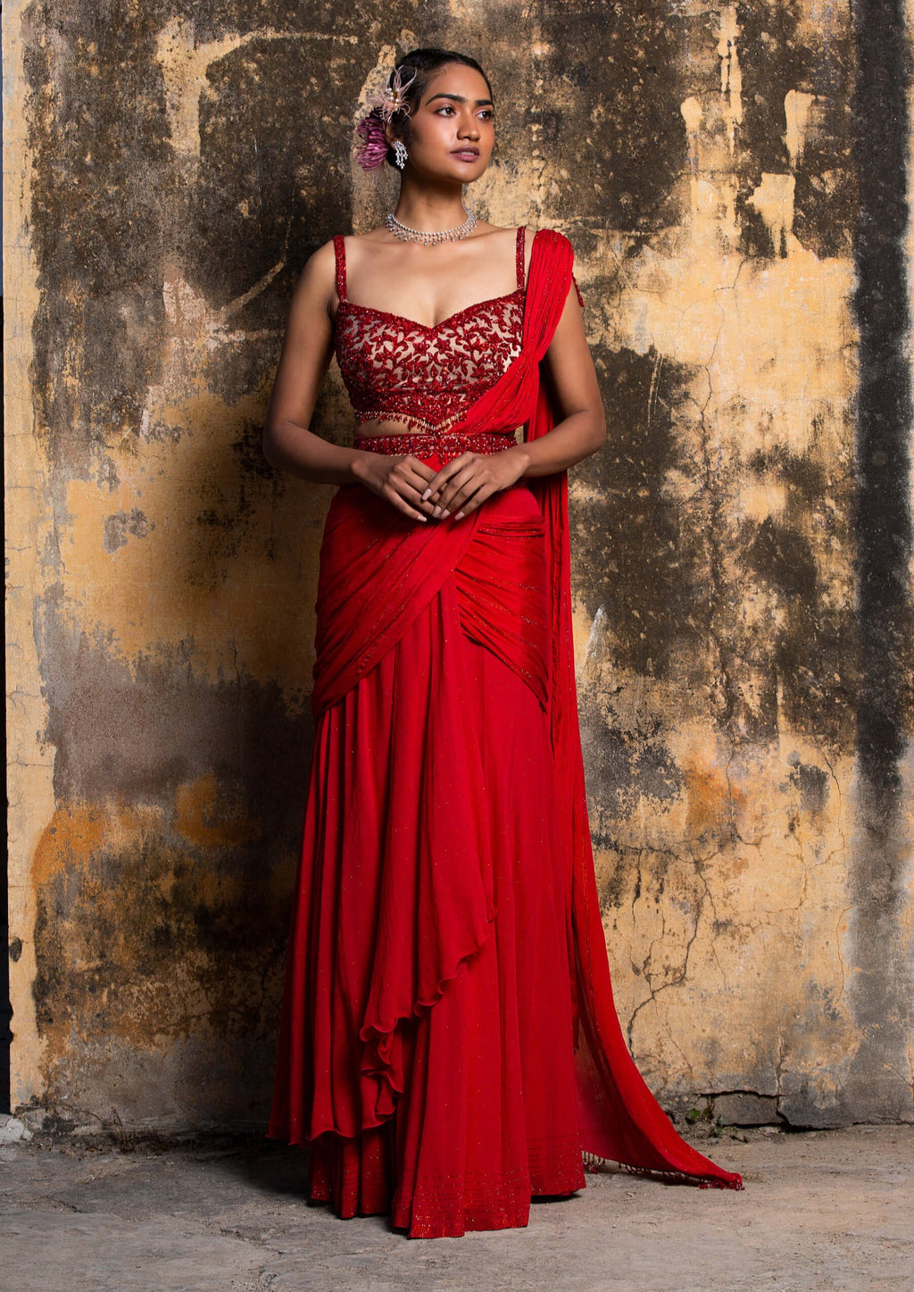 Nitika Gujral | Red Georgette Drape Sari Set | INDIASPOPUP.COM