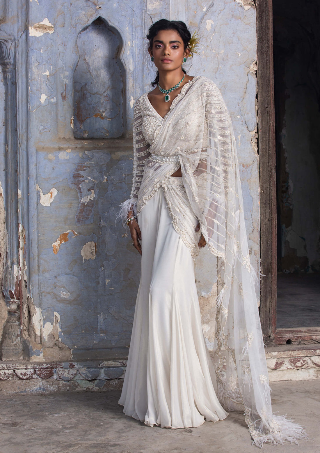 Nitika Gujral | Off-White Shimmer Drape Sari Set | INDIASPOPUP.COM