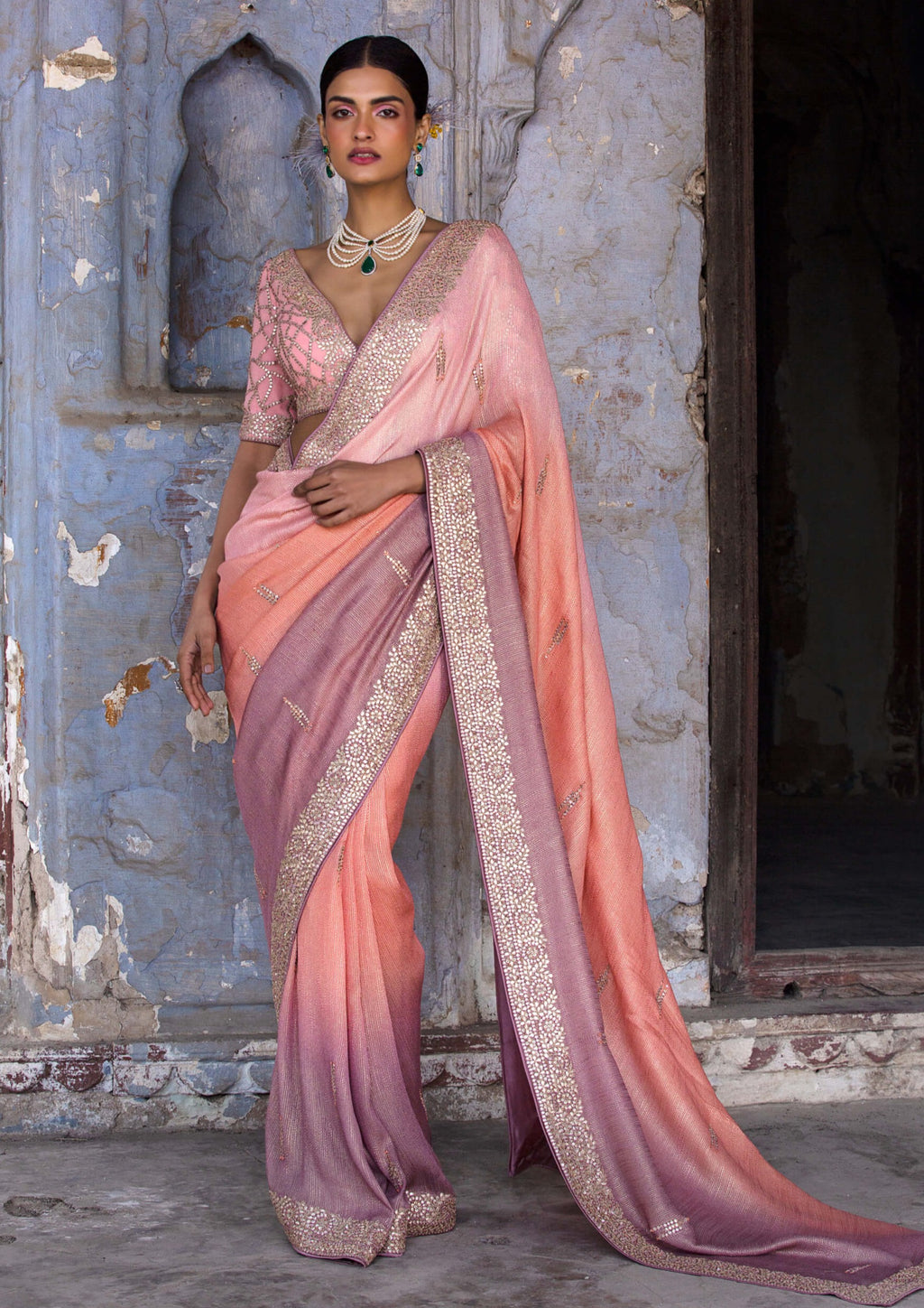 Nitika Gujral | Peach To Mauve Ombre Sari Set | INDIASPOPUP.COM