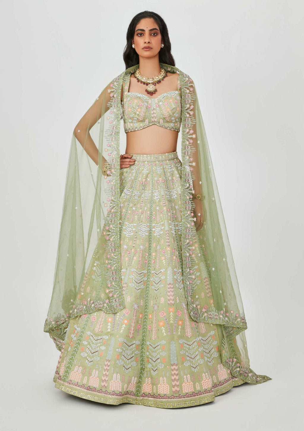 Aisha Rao | Shazia Moss Green Embellished Lehenga Set | INDIASPOPUP.COM
