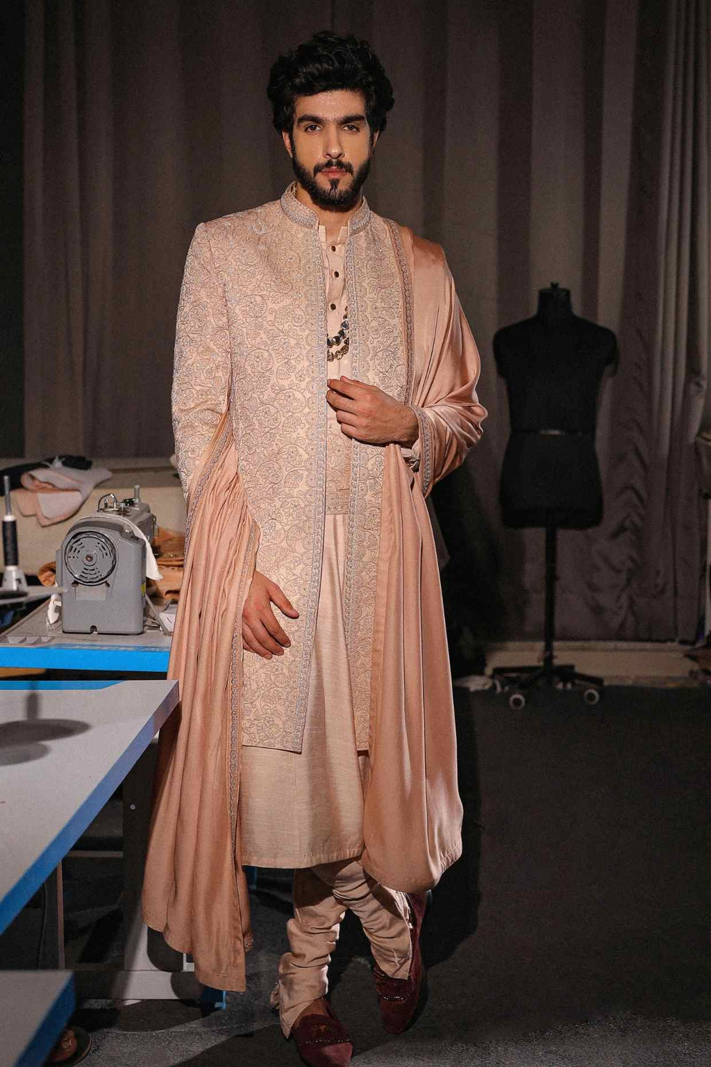 Natural beige sherwani set