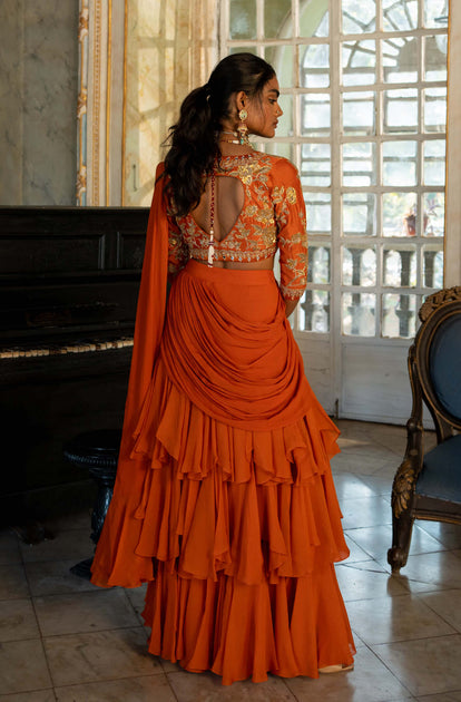 Paulmi & Harsh | Burnt Orange Layered Sari Set | INDIASPOPUP.COM