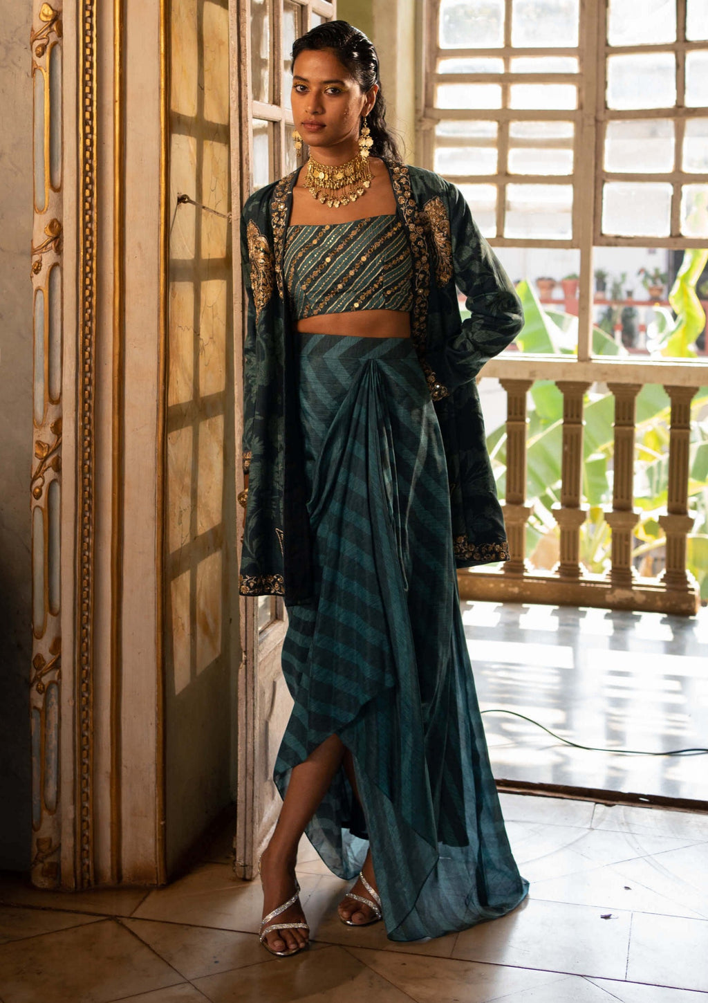 Paulmi & Harsh | Teal Blue Short Choga And Skirt Set | INDIASPOPUP.COM