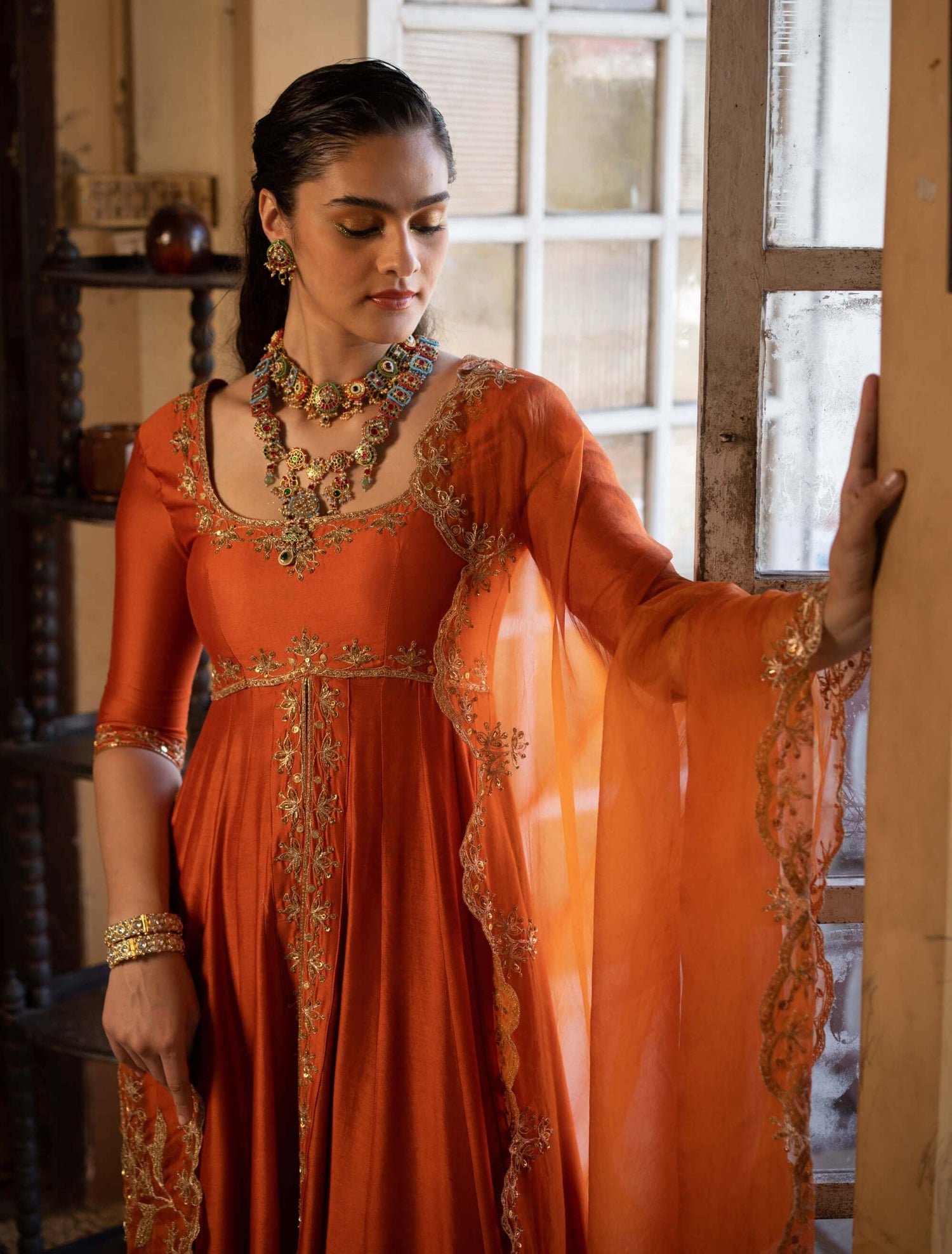 Paulmi & Harsh | Burnt Orange Anarkali Set | INDIASPOPUP.COM