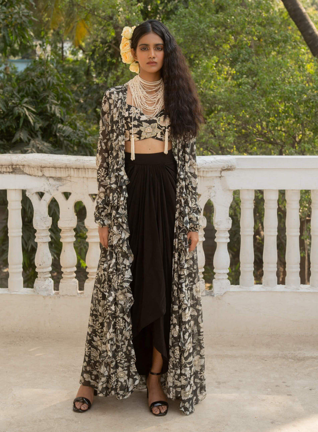 Paulmi & Harsh Black Printed Kali Jacket And Draped Skirt Set ...