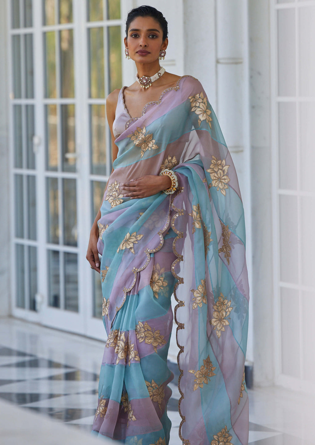 Vvani By Vani Vats | Ash Pink Flower Sari And Blouse | INDIASPOPUP.COM