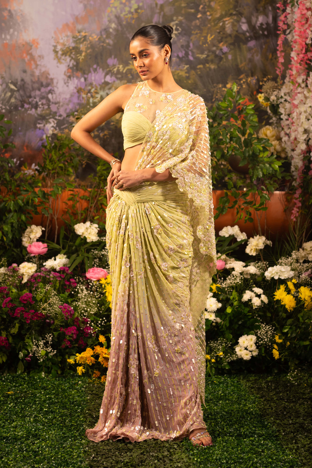 Moledro Sage Green & Blush Pink Caylie Sari And Blouse | Indiaspopup ...