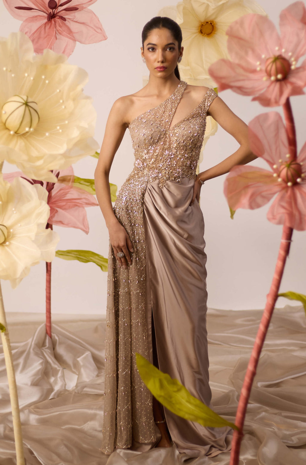 Roqa Jasmine Rosegold Draped Gown | Indiaspopup.com