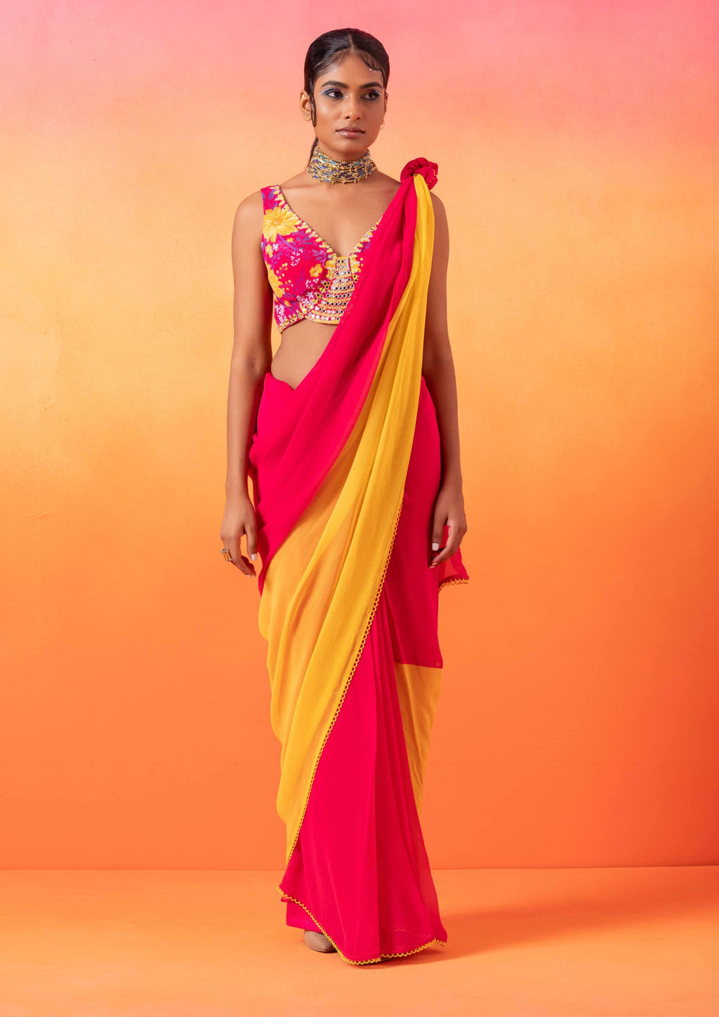 Seema Thukral | Barbie Pink Printed Sari Set | INDIASPOPUP.COM