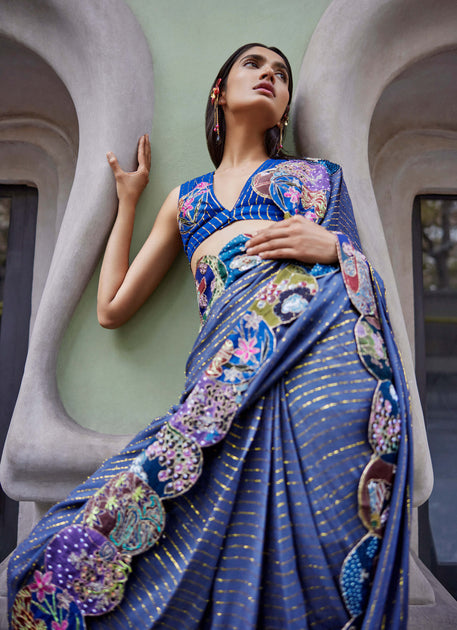 Aisha Rao | Blue Embellished Sari With Blouse | INDIASPOPUP.COM
