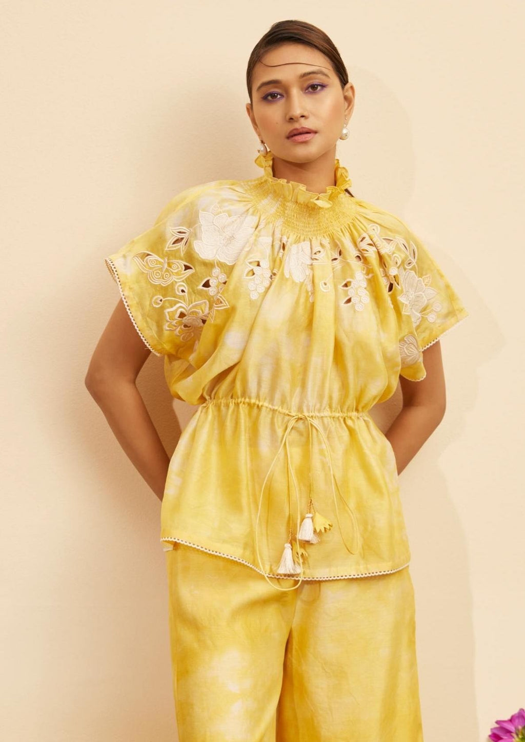 Chandrima | Yellow Contrast Embroidered Smocked Top | INDIASPOPUP.COM