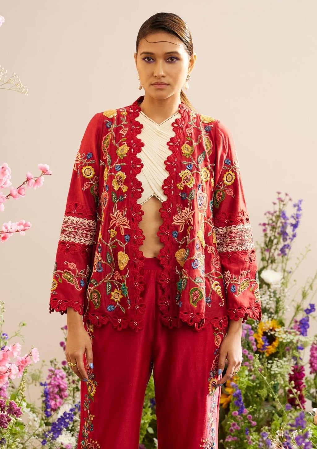 Chandrima | Red Embroidered Jacket | INDIASPOPUP.COM