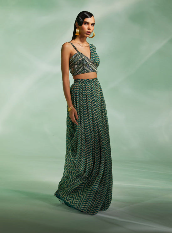 Divya Aggarwal | Verity Green Draped Skirt And Blouse | INDIASPOPUP.COM
