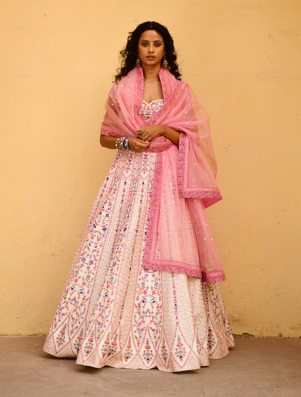 Chamee And Palak | Anna Ivory Pink Embroidered Lehenga Set ...
