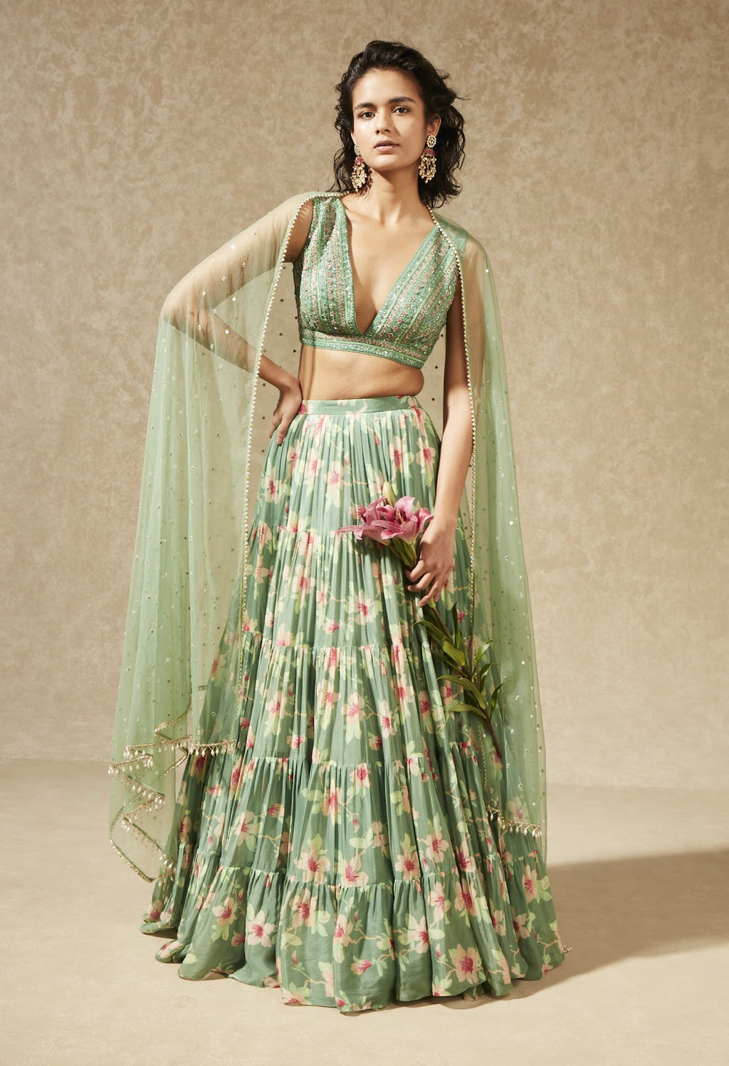 Chamee And Palak | Green Izumi Tiered Skirt Set | INDIASPOPUP.COM